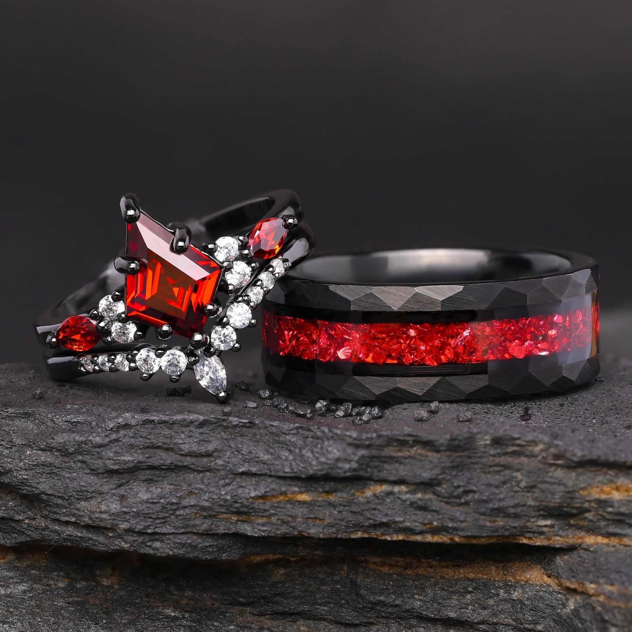 Astral Pulse - Ring Set - Rings for Couples | Red Garnet & Tungsten