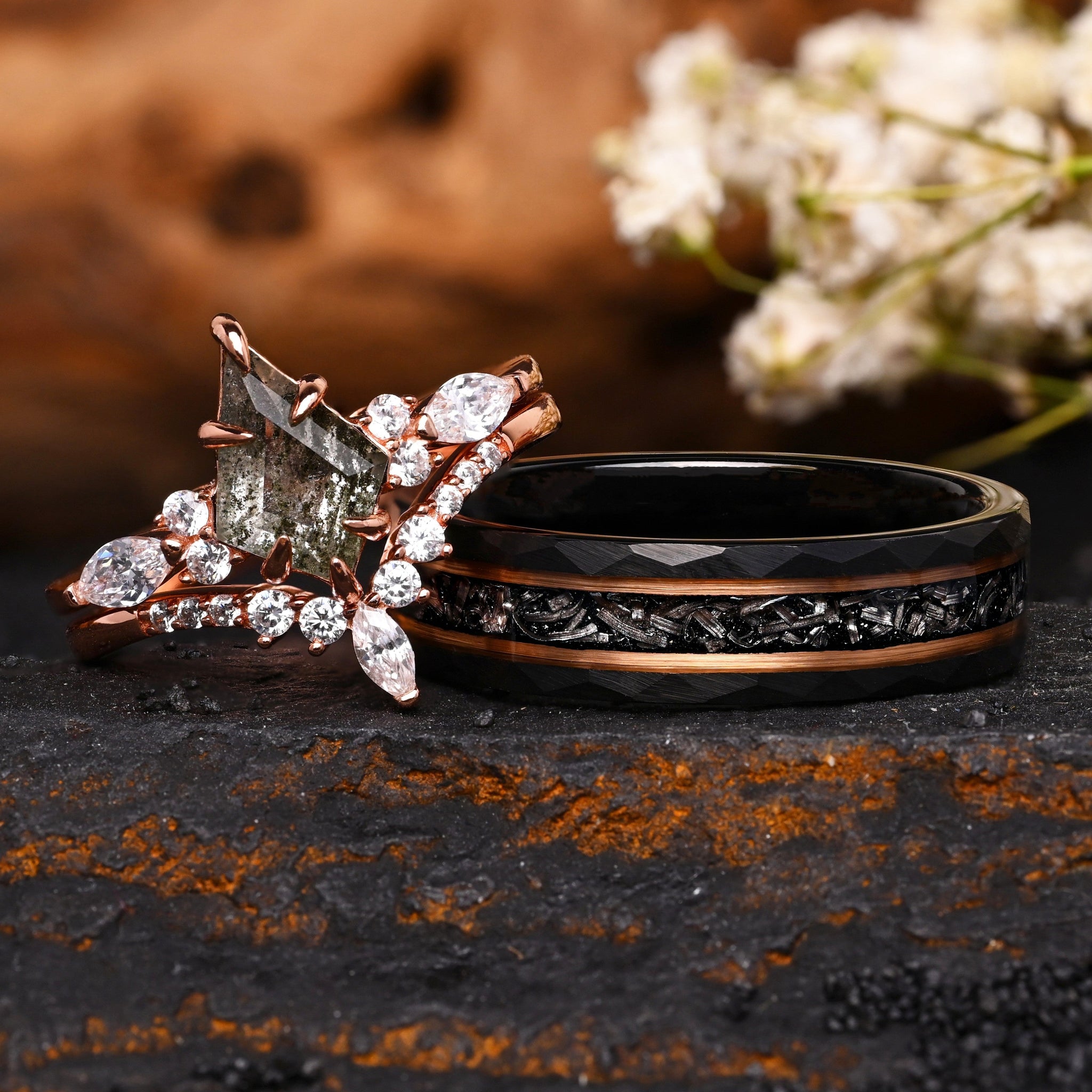 Destiny - Ring Set - Rings for Couples | Tungsten and Meteorite Inlay