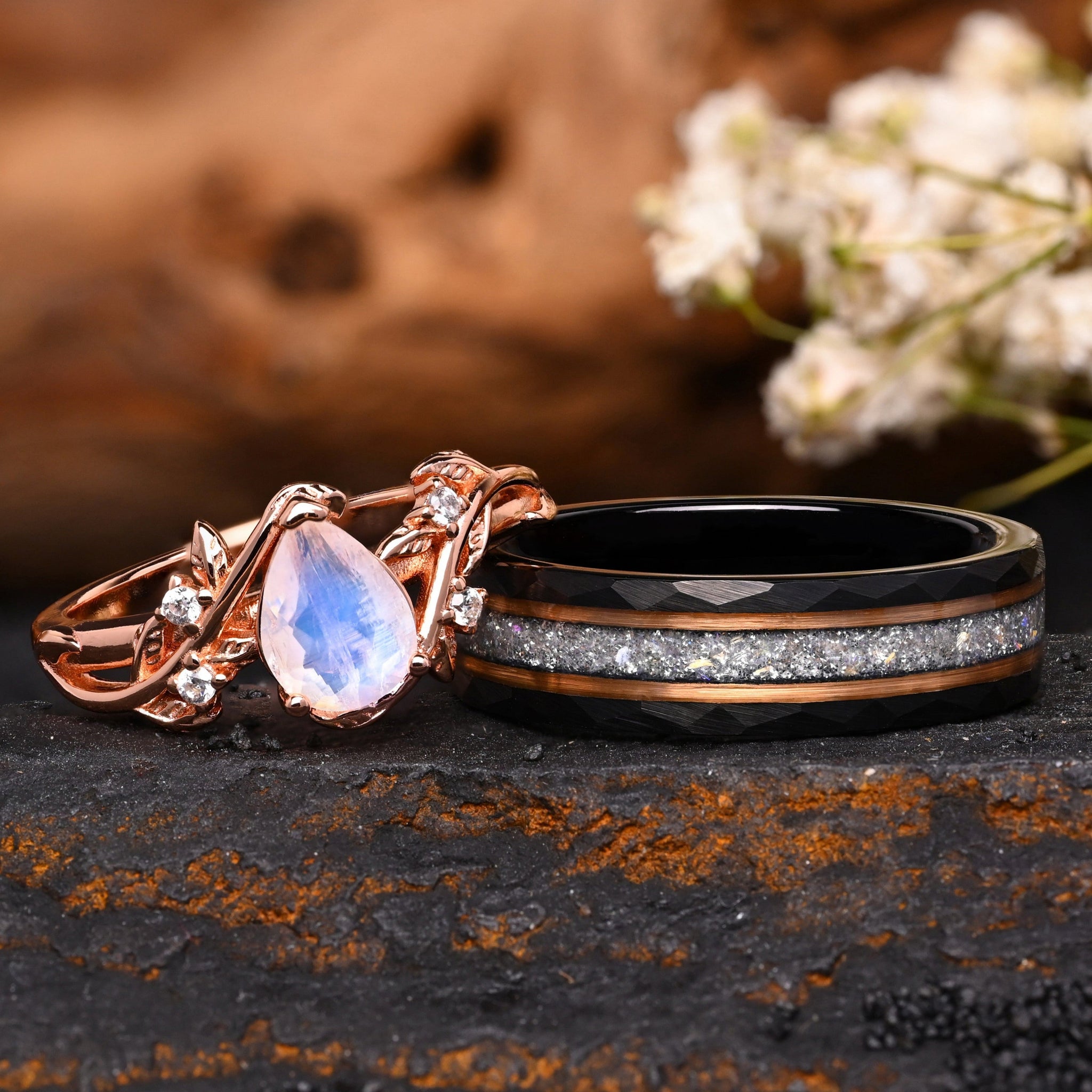 Moonlight Ring Set - Rings for Couples | Tungsten and Moonstone