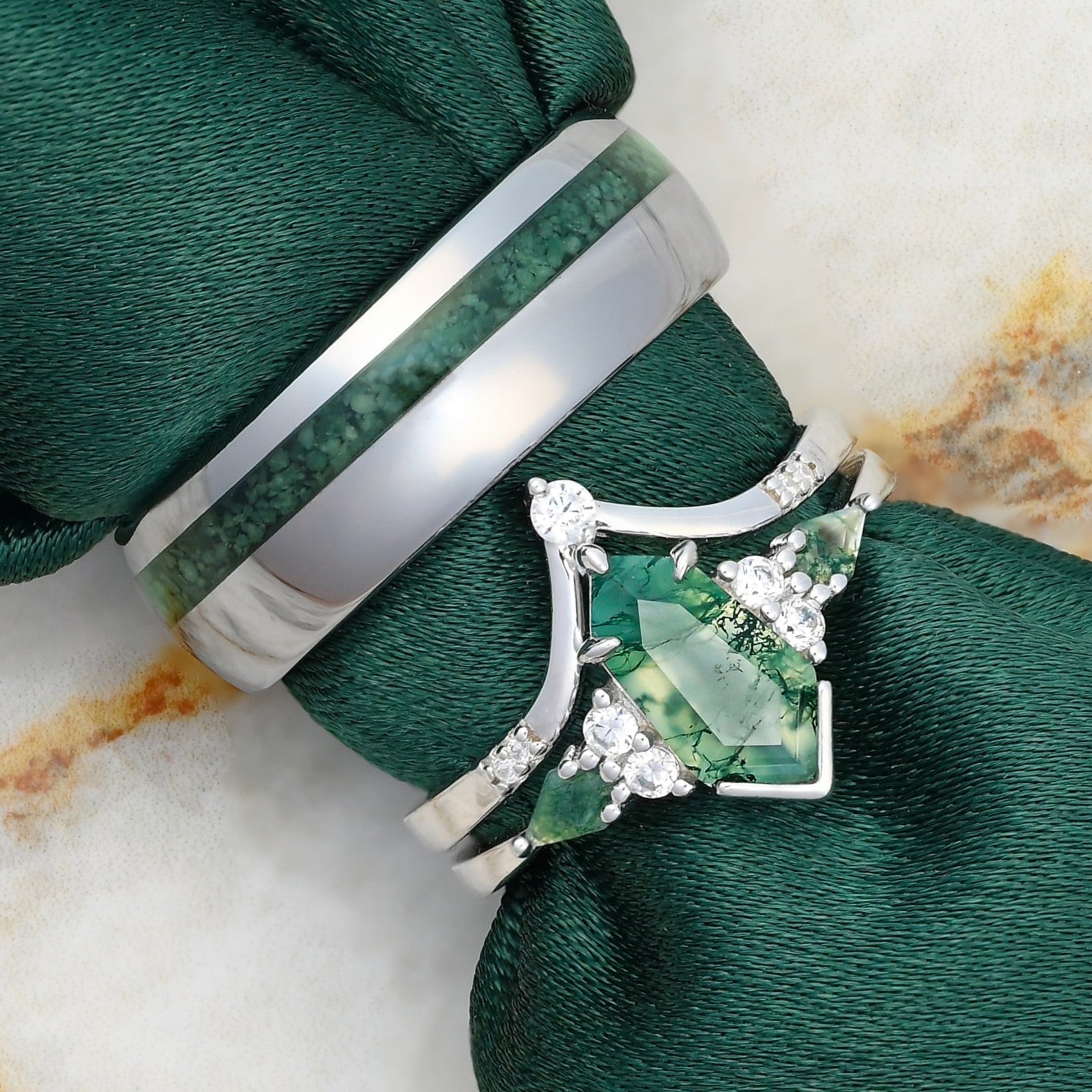 Silver Forest - Ring Set - Rings for Couples | Moss Agate Stone and ...